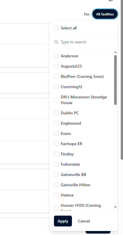 VMOS Tasks - Facility Filter – StoreEase